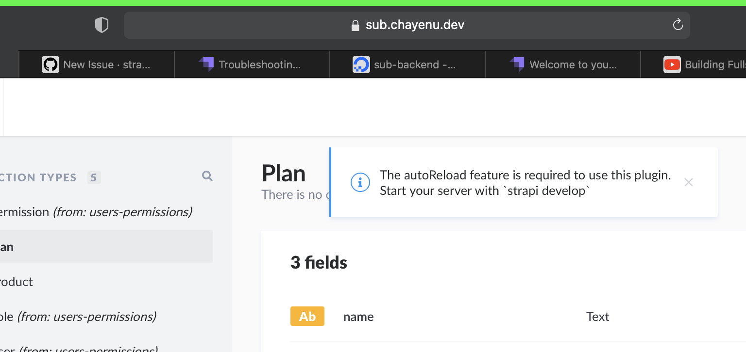 The autoReload feature is required to use this plugin. Start your server with `strapi develop ...