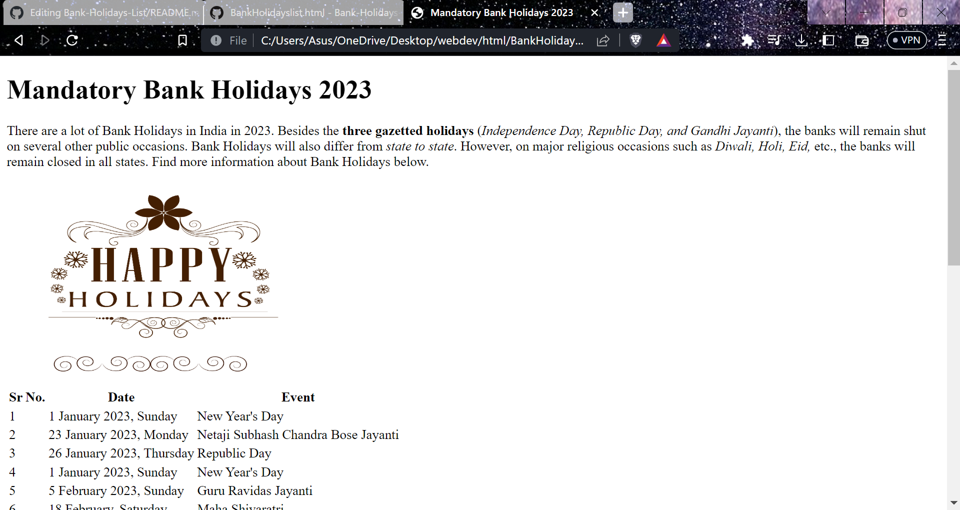 GitHub - PushkarTuse/Bank-Holidays-List: Bank Holidays List of 2023 using HTML-Only
