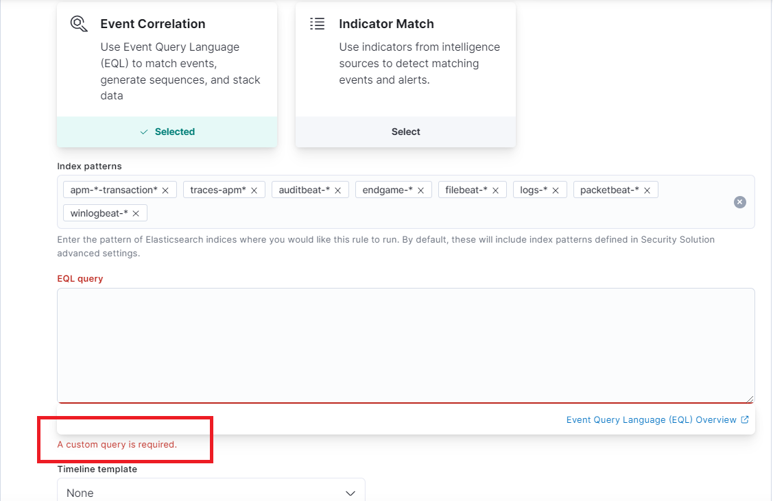 [Security Solution] Help text "A custom query is required." is showing for EQL query rule ...