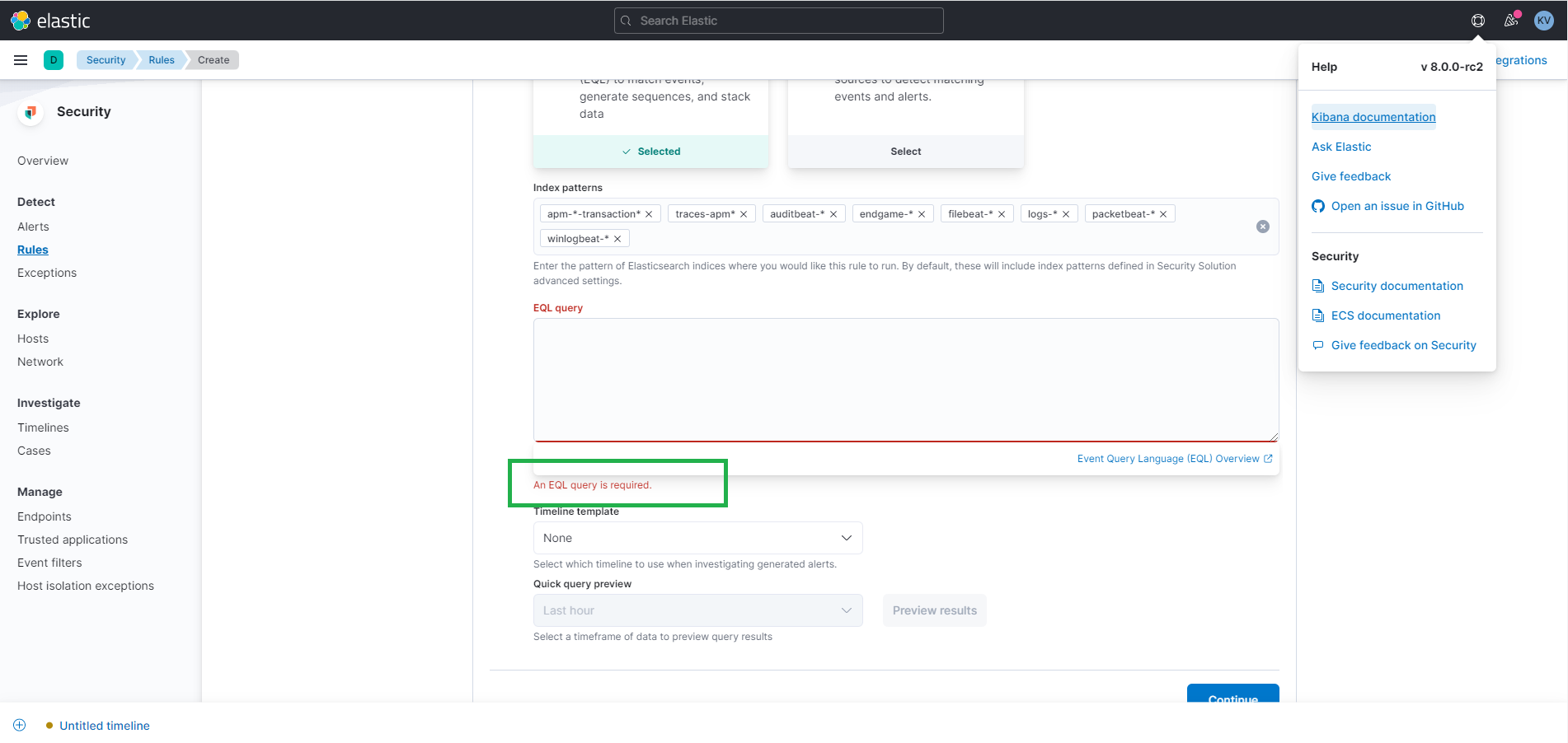 [Security Solution] Help text "A custom query is required." is showing for EQL query rule ...