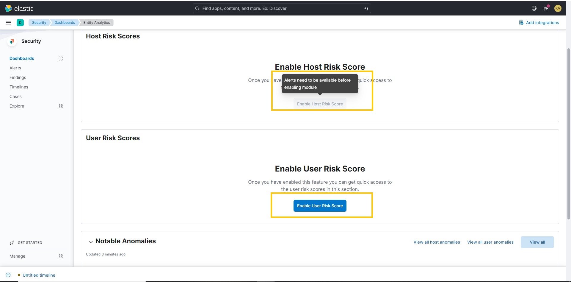 [Security Solution] "Enable Host Risk Score" button is disabled under Entity analytics dashboard ...
