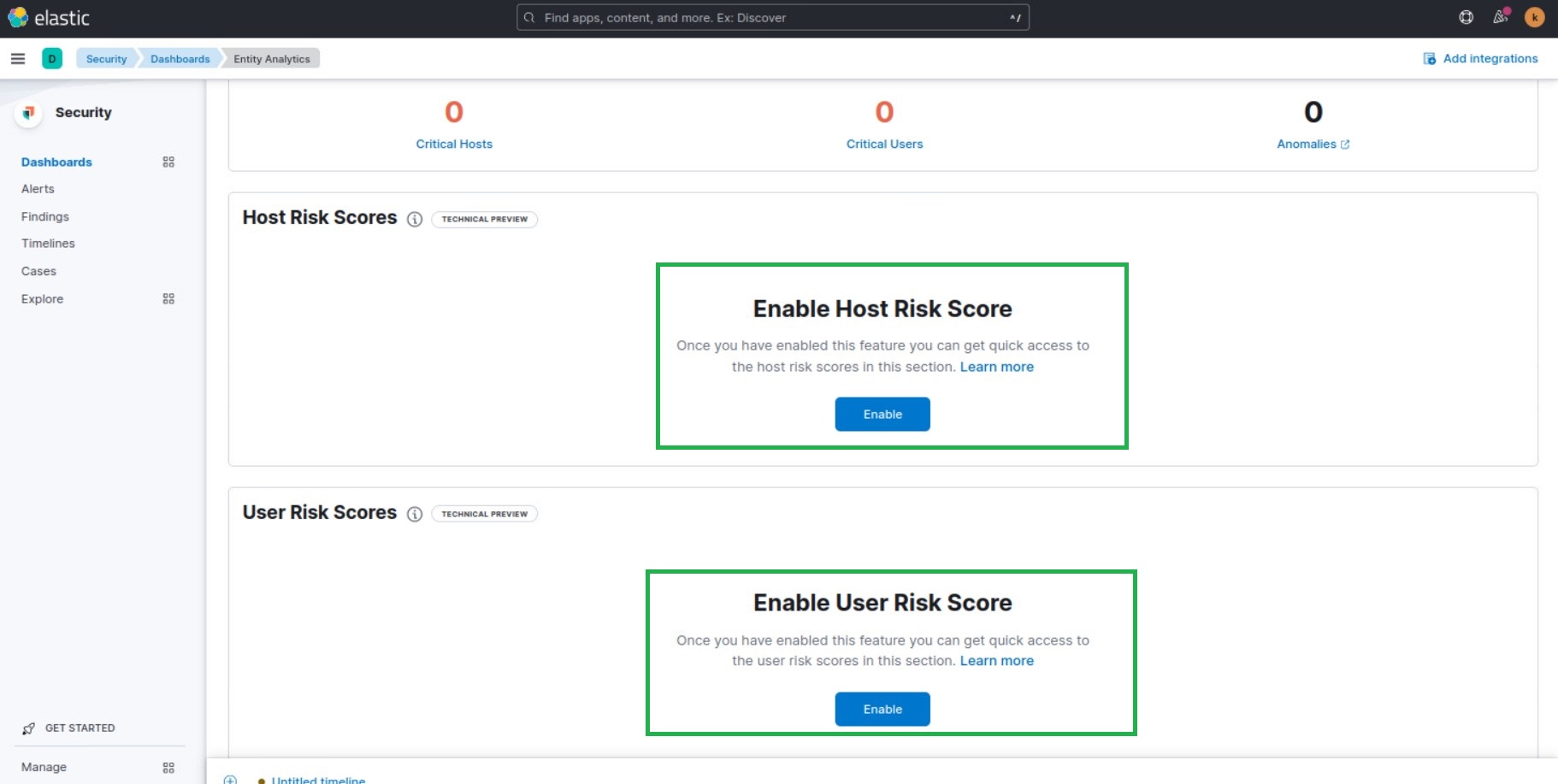 [Security Solution] "Enable Host Risk Score" button is disabled under Entity analytics dashboard ...