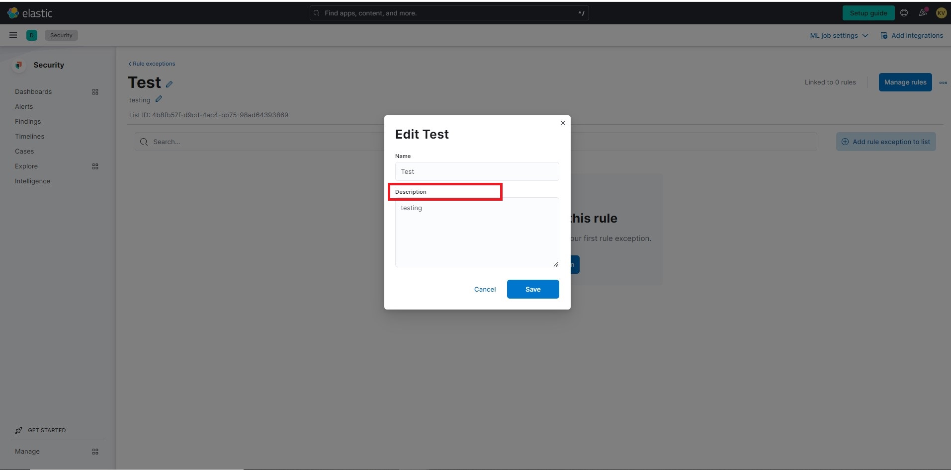 [Security Solution] "Optional" is missing for Description field while editing description of ...