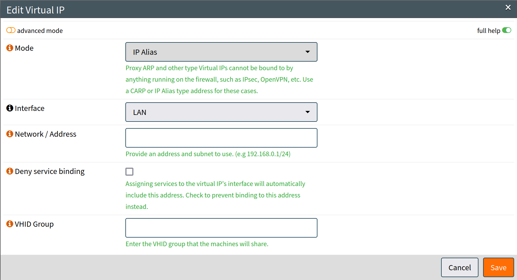 Virtual IPs UI: New VIP form lacks description field for IP Alias, Proxy ARP, and Other; CARP ...