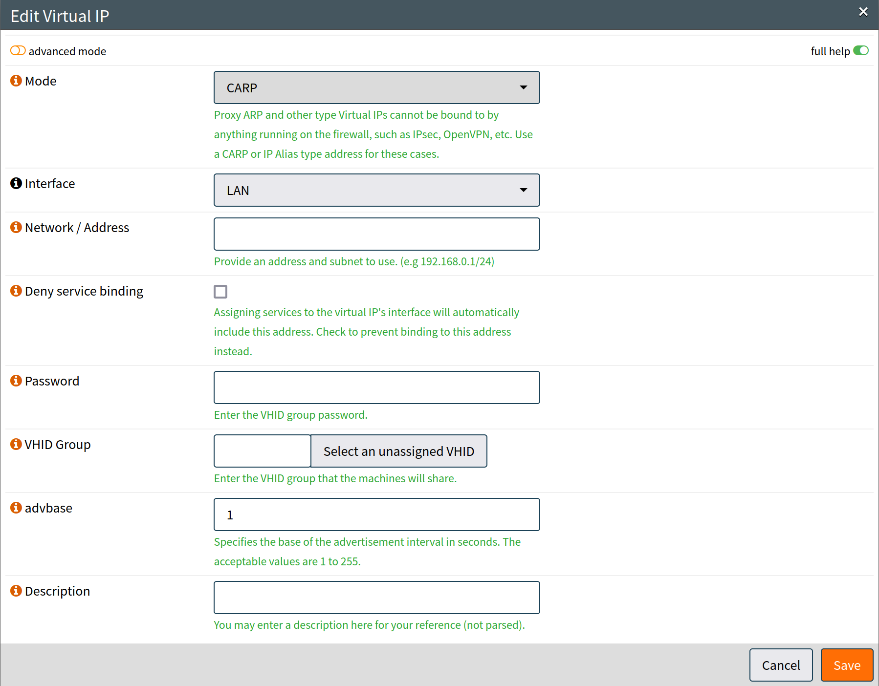 Virtual IPs UI: New VIP form lacks description field for IP Alias, Proxy ARP, and Other; CARP ...