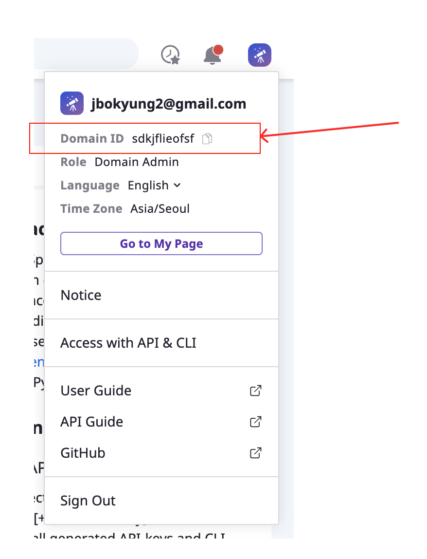 Add 'Domain ID' field on the profile drop-down menu · Issue #73 · cloudforet-io/cloudforet · GitHub
