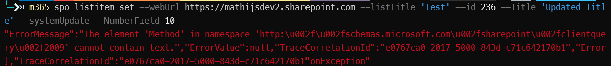 Bug Report Issue When Updating Multiple Fields Executing `spo Listitem 