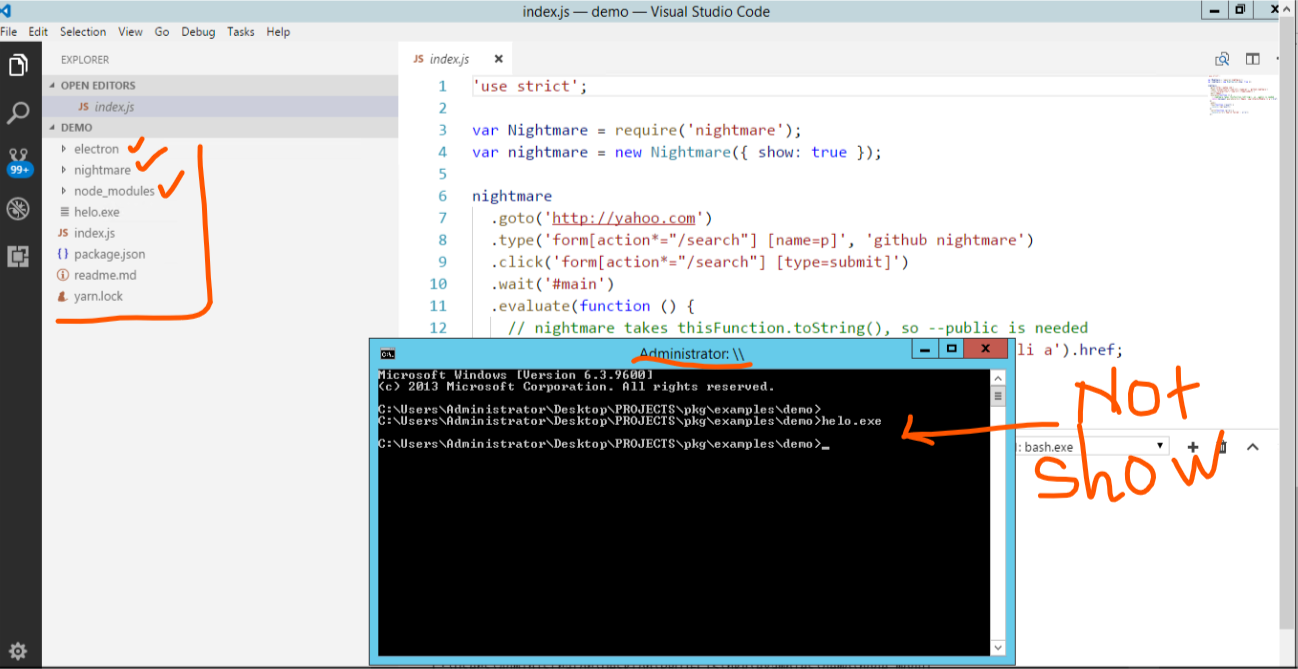Try nightmarejs, cannot package a node app? · Issue #188 · vercel/pkg · GitHub