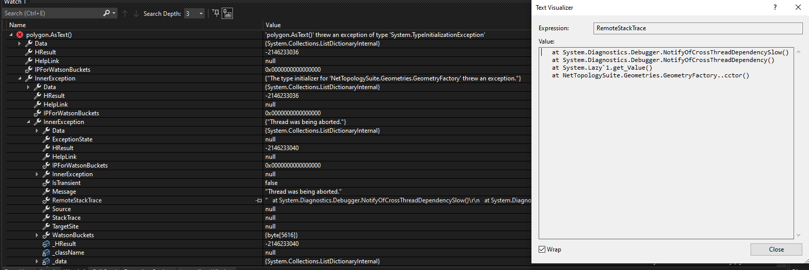 Evaluating of geometry members fails with ThreadAbortException when debugging code that is ...