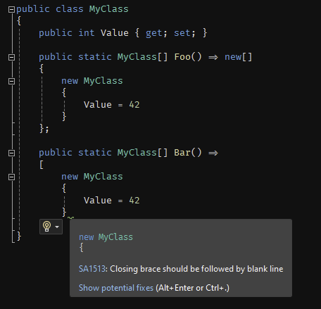 SA1513 triggered on object initializer inside collection expression · Issue #3720 ...