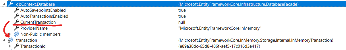 Is it by design for In-Memory provider that BeingTransactionAsync returns value, but Database ...