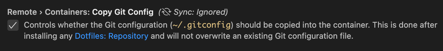 .gitconfig inside container does not have email/name set; requires manual `git config --global ...