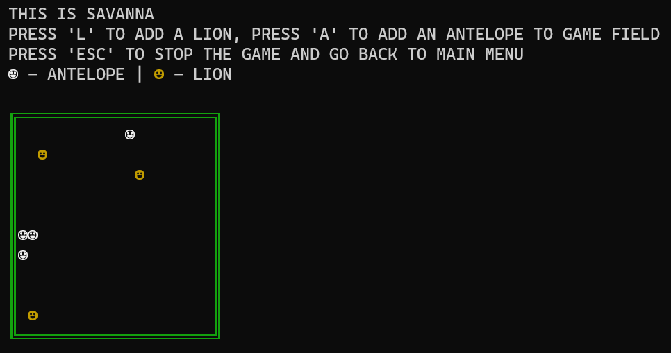 GitHub - ALagodzinska/Savanna-Game: Console game application. You can add two animals on a game ...