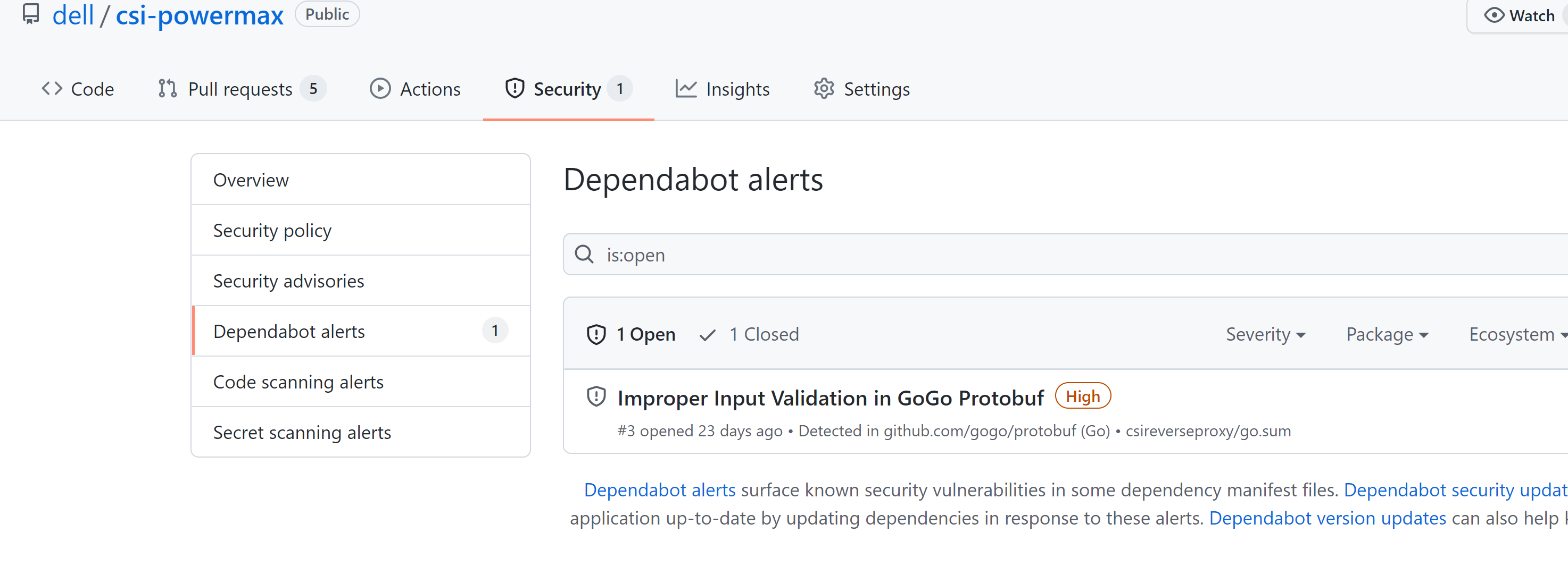 [BUG]: Getting Dependabot alerts in csi-powermax · Issue #280 · dell/csm · GitHub