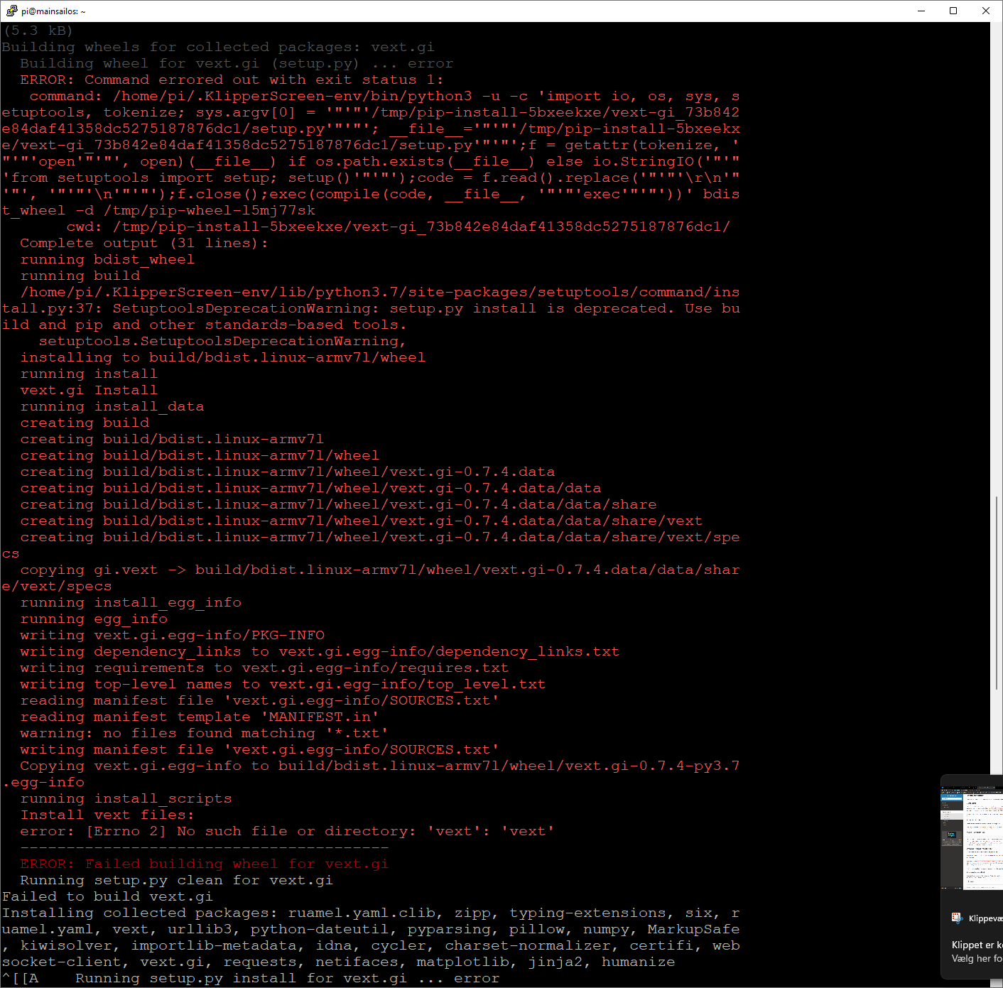 Building wheel for vext.gi (setup.py) ... error · Issue #334 · KlipperScreen/KlipperScreen · GitHub