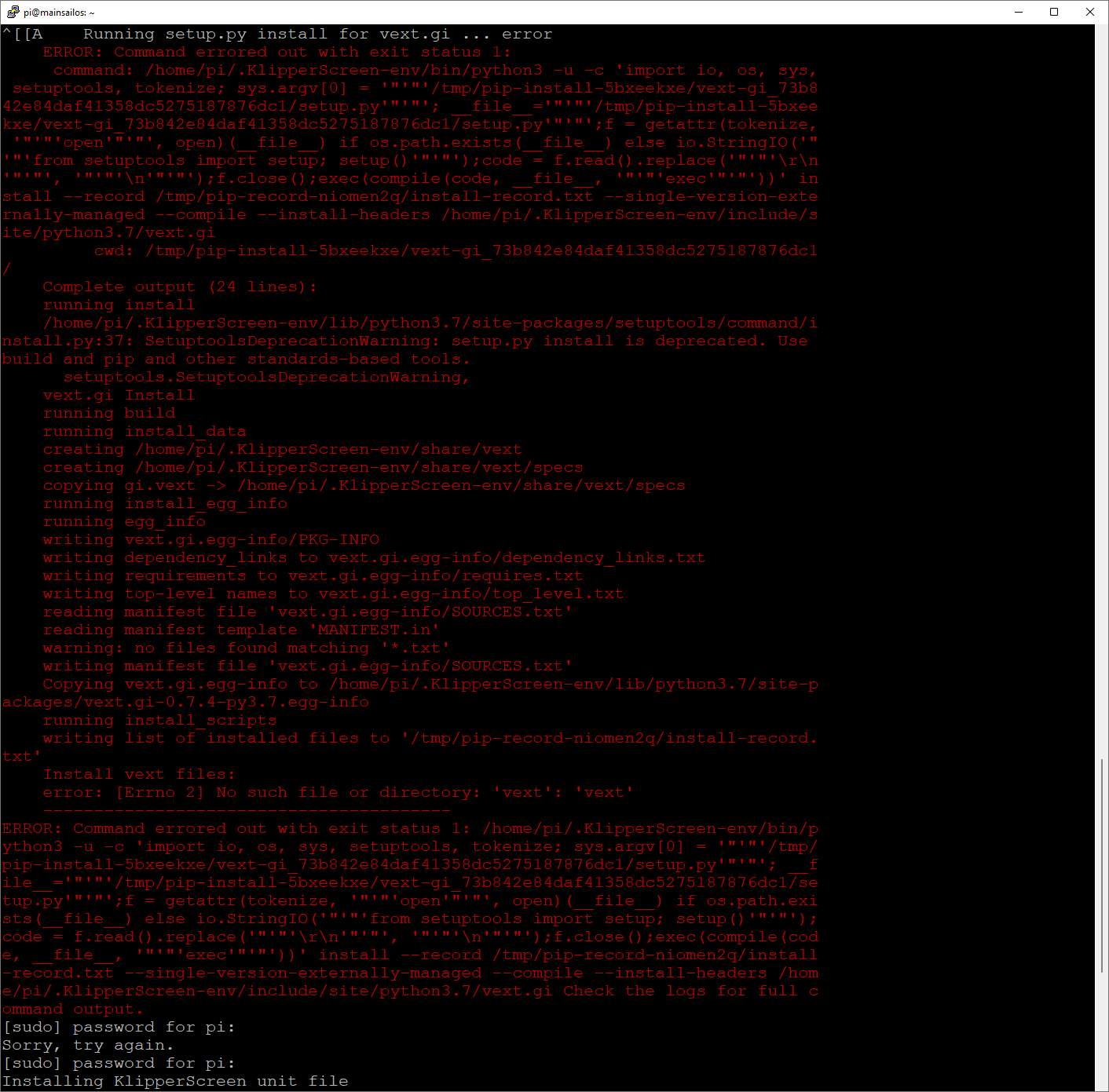 Building wheel for vext.gi (setup.py) ... error · Issue #334 · KlipperScreen/KlipperScreen · GitHub