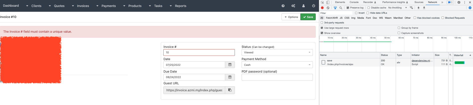 As soon as i change status 'sent' to viewed' error: The Invoice # field must contain a unique ...