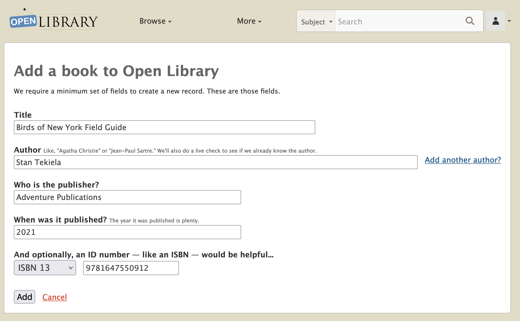 Can't add book by Stan Tekiela · Issue #5625 · internetarchive/openlibrary · GitHub