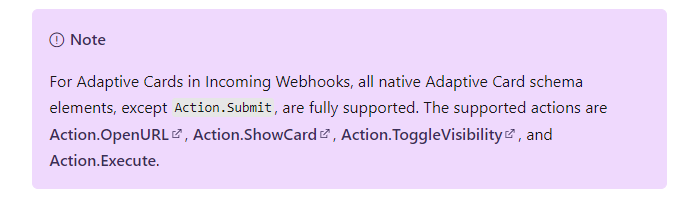 Adaptive Card is only supported to Incoming Webhook O365 Connector type and not in any other ...