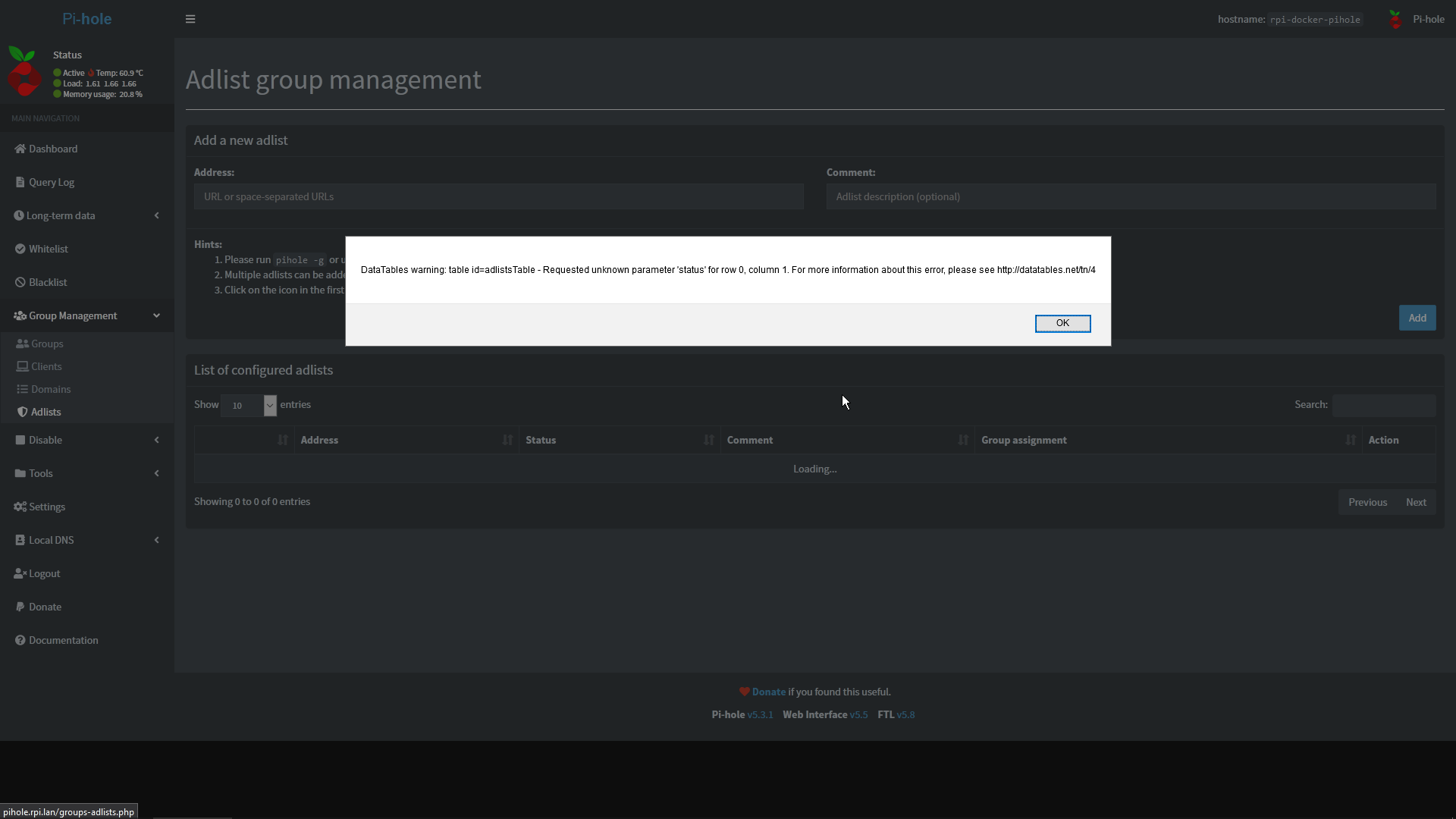 Problems with adlist page on new v5.8 · Issue #1780 · pi-hole/web · GitHub