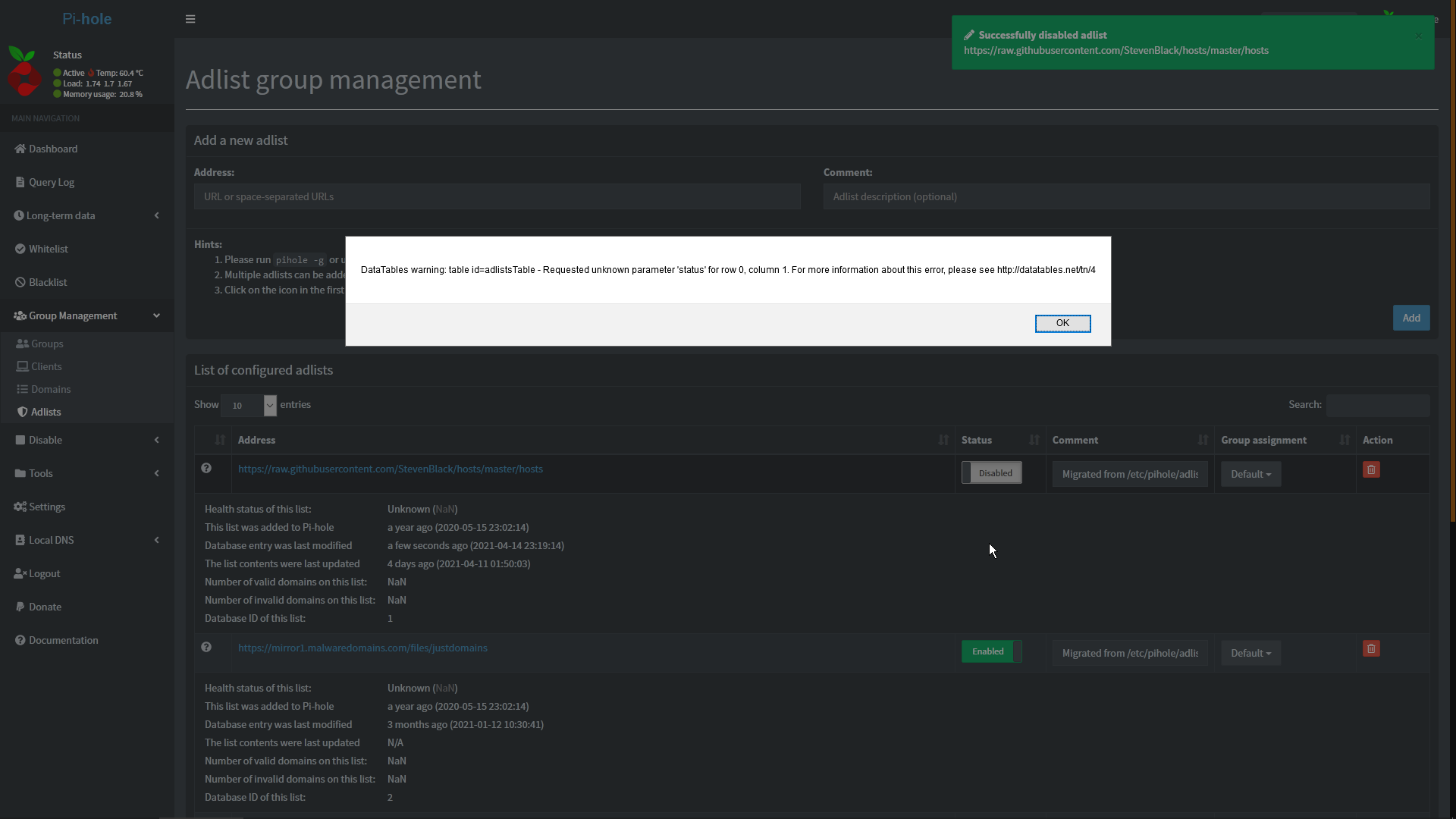 Problems With Adlist Page On New V58 · Issue 1780 · Pi Holeweb · Github