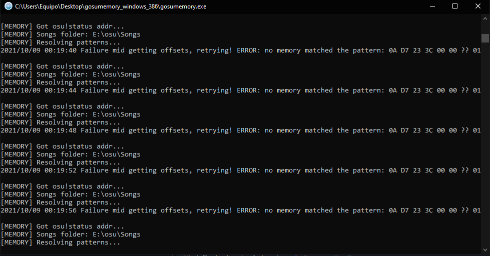 Failure mid getting offsets, retrying! ERROR: no memory matched the ...