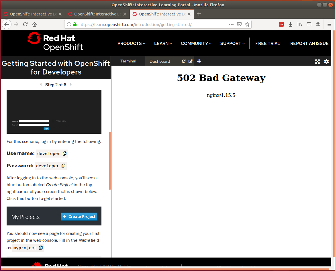 502 Bad Gateway for step 2 of 6 in introductory tutorial · Issue #548 · openshift-labs/learn ...