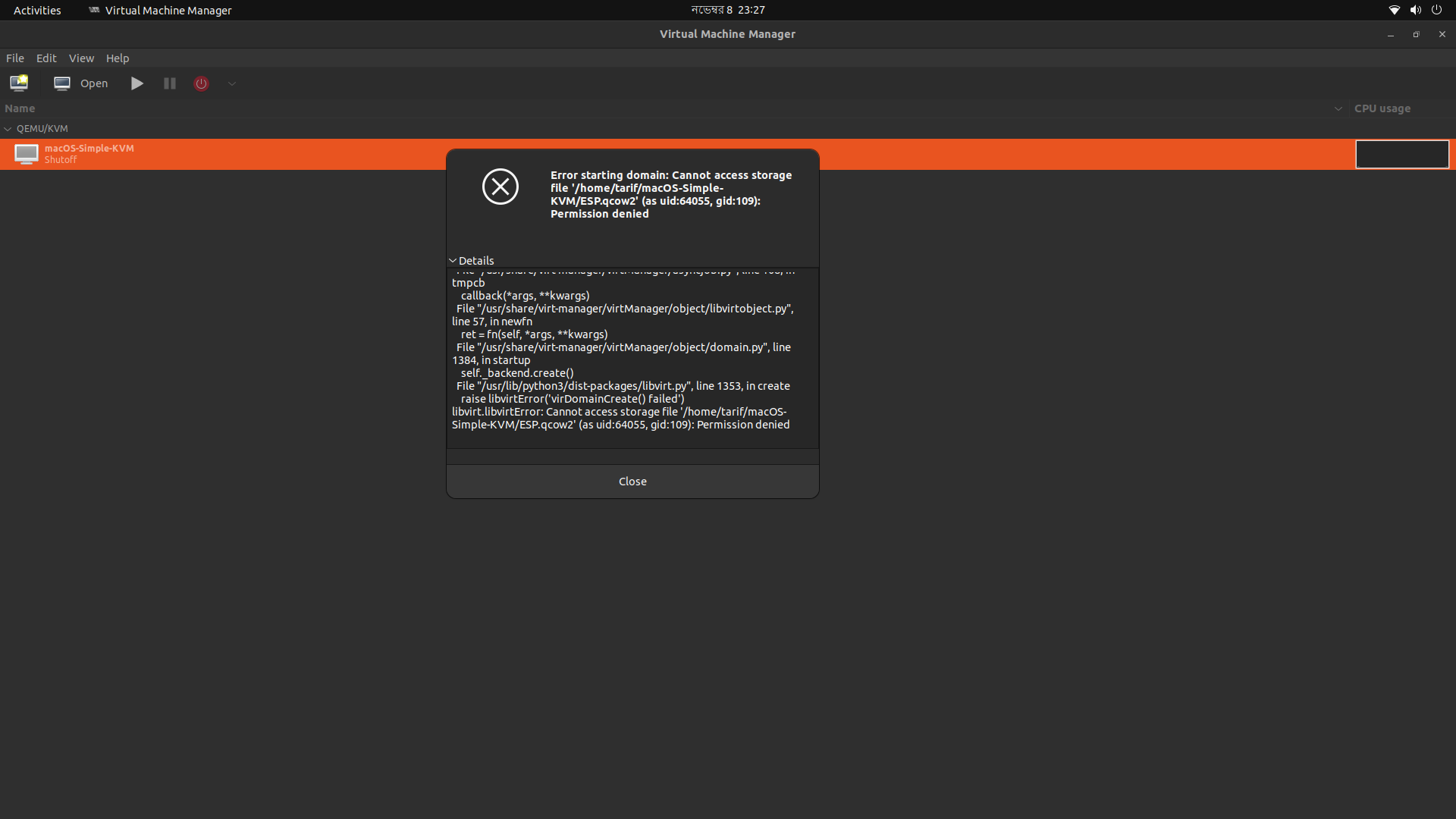 Error starting domain: Cannot access storage file '/home/tarif/macOS-Simple-KVM/ESP.qcow2' (as ...