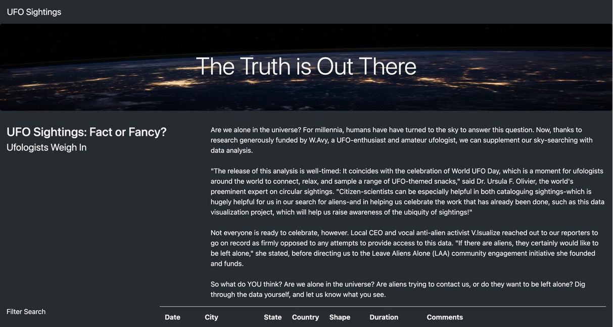 GitHub - theeekumar/UFOs: Using JavaScript, HTML, and CSS to create a custom webpage that ...