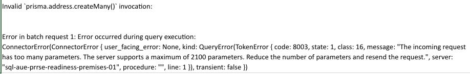 SQL Server: The incoming request has too many parameters. The server supports a maximum of 2100 ...