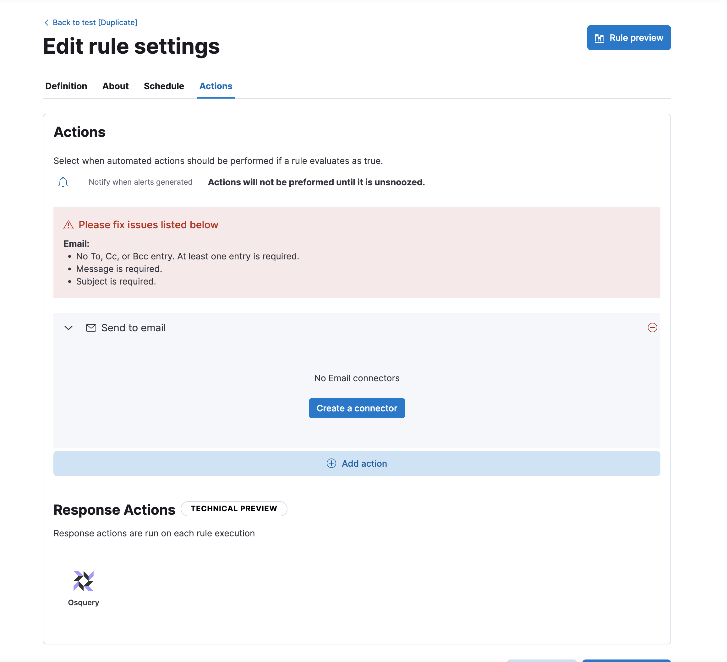 [Security Solution][Alerts] validation triggers on empty rule actions form · Issue #155755 ...