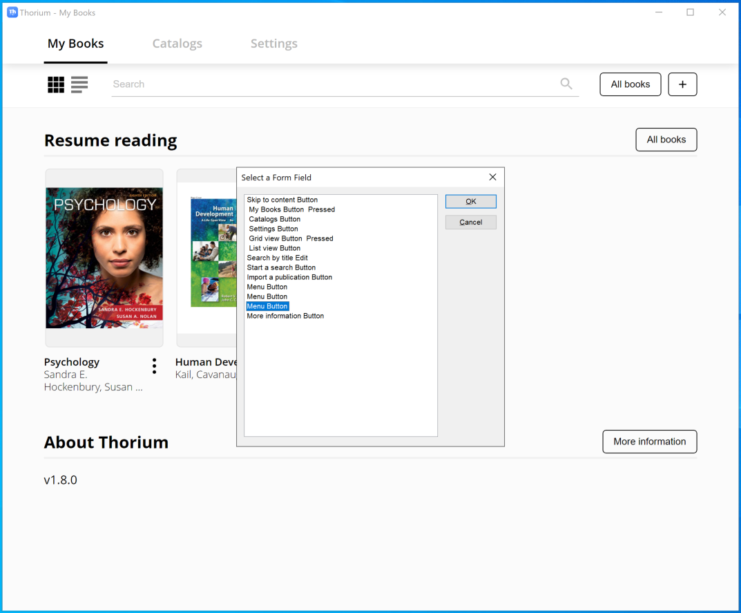 Menu button for books in the Grid View do not have book specific labelling in Thorium Reader 1.7 ...