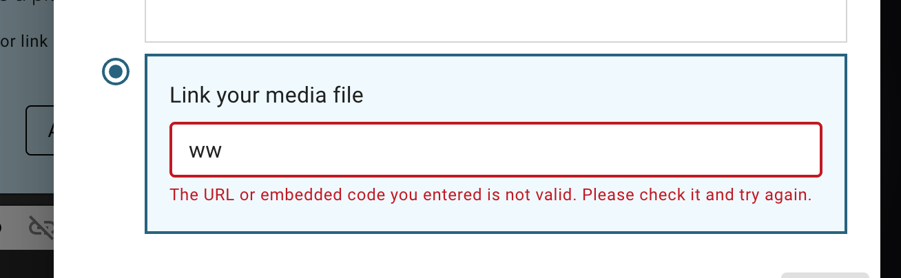 Story map: Link media input field - errs too early, doesn't reset the field after canceling ...