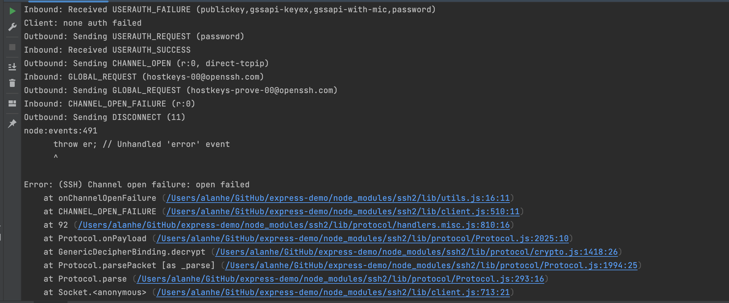 (SSH) Channel open failure: open failed · Issue #1281 · mscdex/ssh2 · GitHub