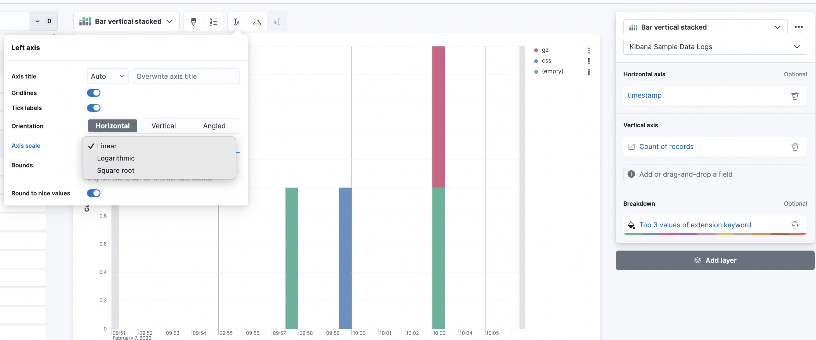 [Lens] Axis scale should be blocked to linear for stacked chart type · Issue #150410 · elastic ...