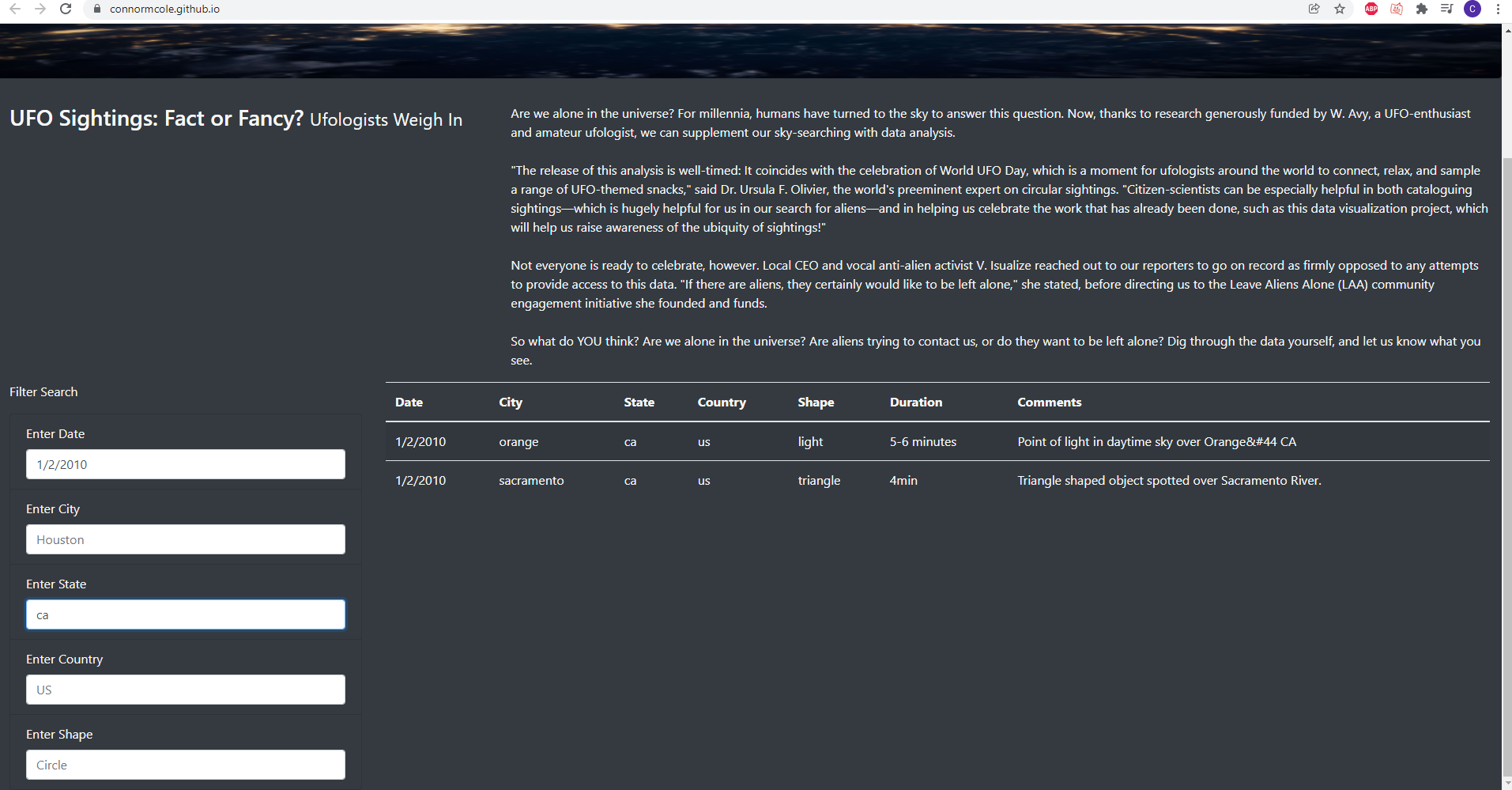 GitHub - connormcole/UFOs