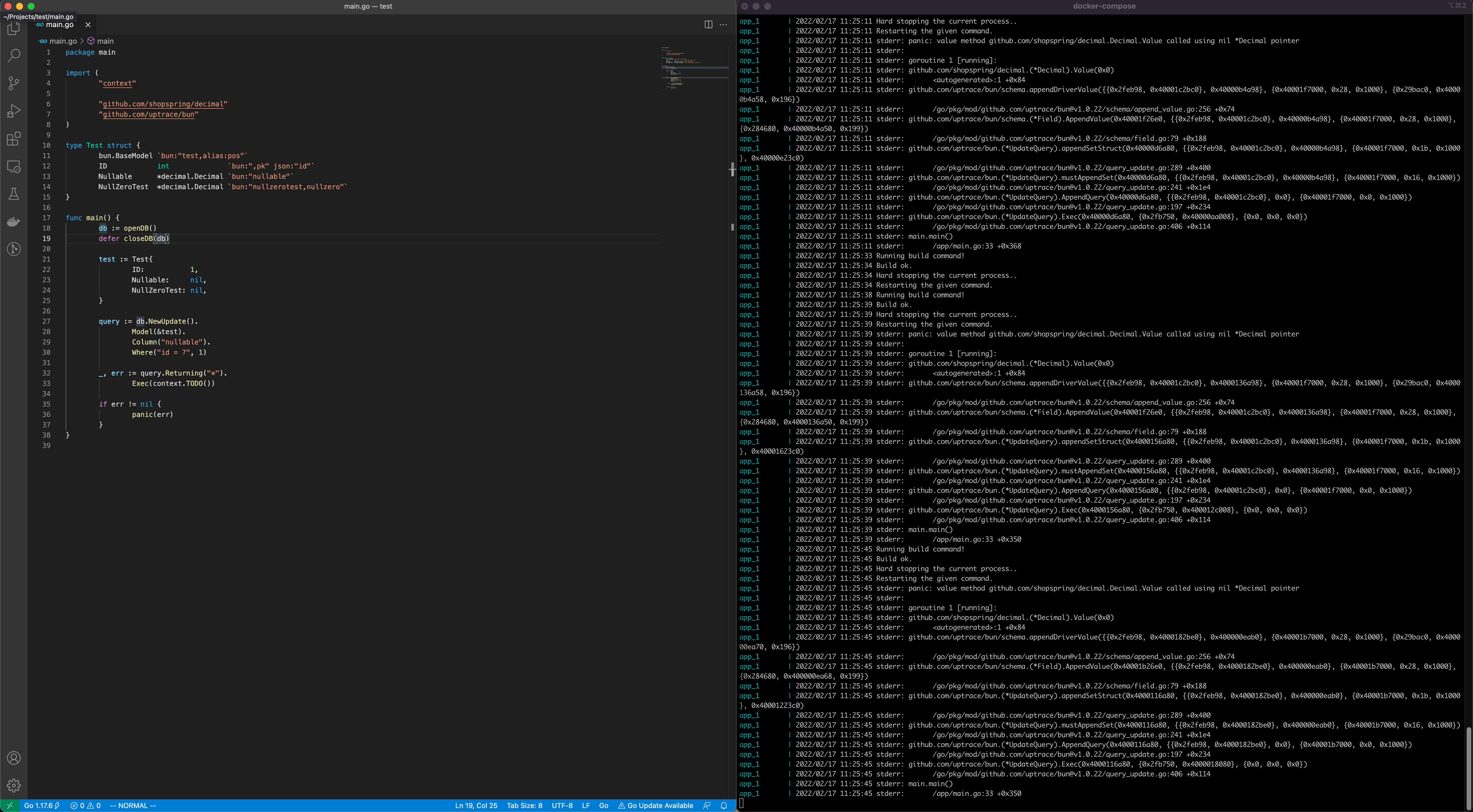 Update with shopspring/decimal nil pointers panics · Issue #444 · uptrace/bun · GitHub