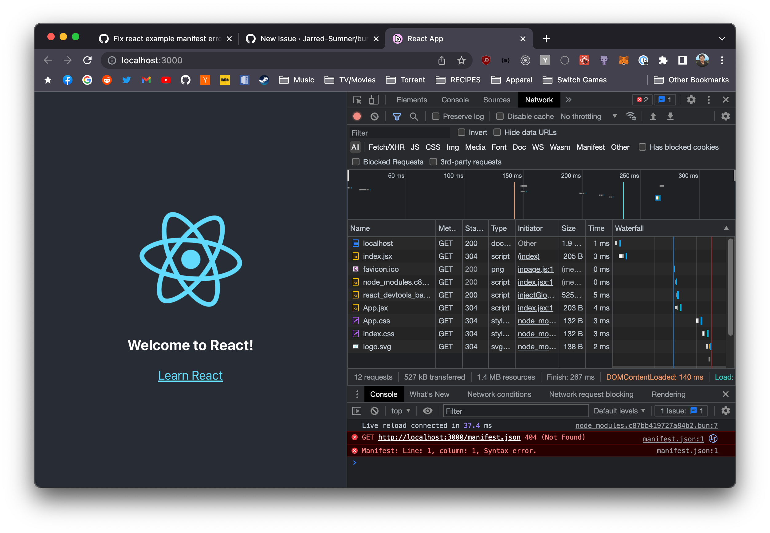`manifest.json` returns 404 with `bun dev` in the react example · Issue #494 · oven-sh/bun · GitHub