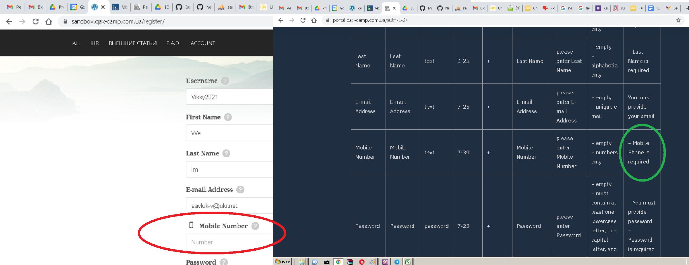 Registration page: "Mobile Number" field - user page opens with an ...