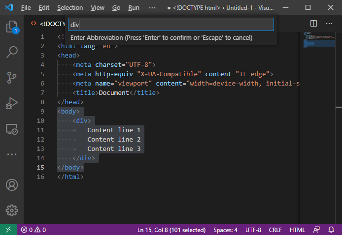 "Emmet: Wrap Individual Lines with Abbreviation" command does not ...