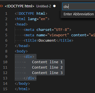 Emmet in VS Code does not preview document indentation when used with ...