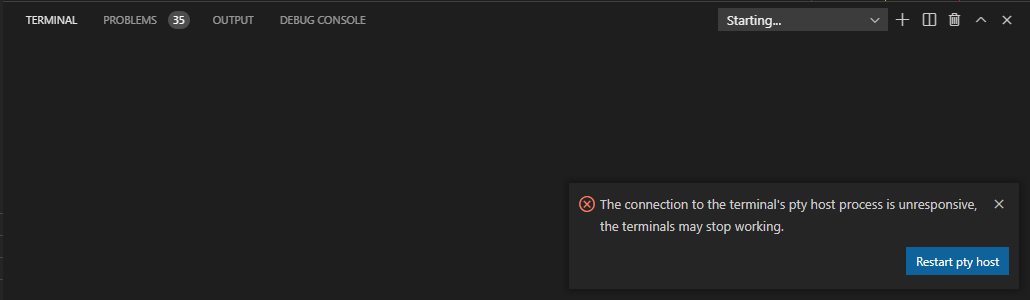 The connection to the terminals pty host process is unresponsive, the ...