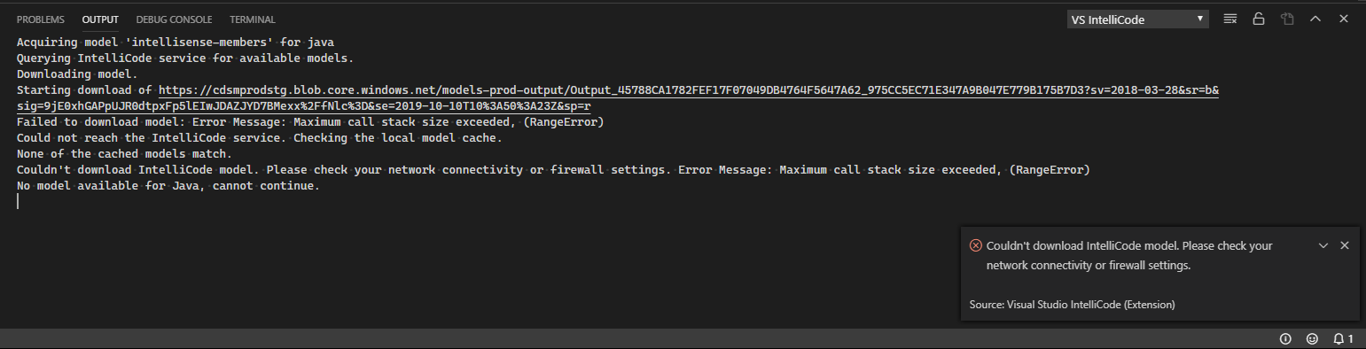 Couldn't download IntelliCode model. Please check your network connectivity or firewall settings ...