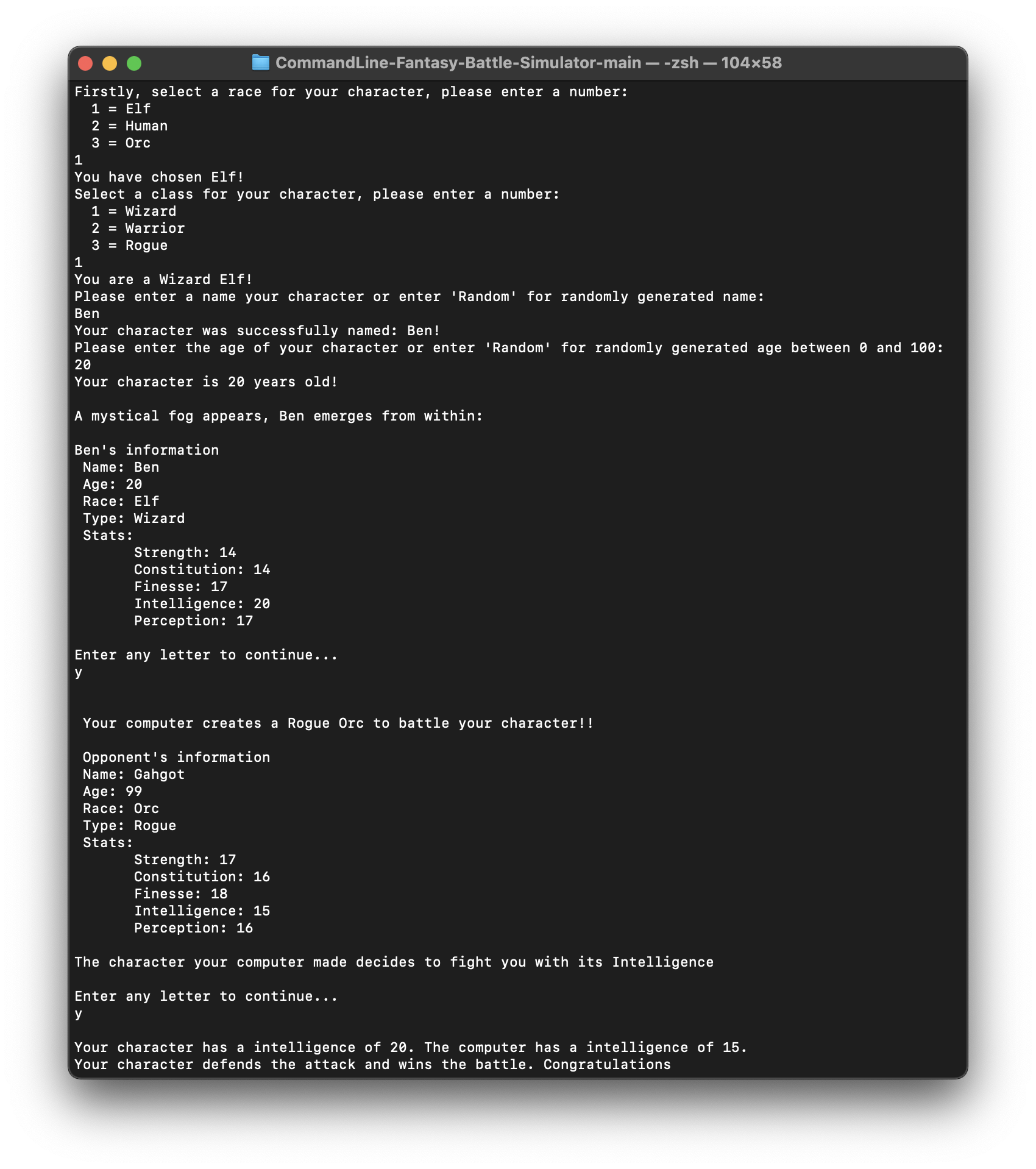 Github Ben Wheelercommandline Fantasybattlesimulator A Command Line Character Creator That