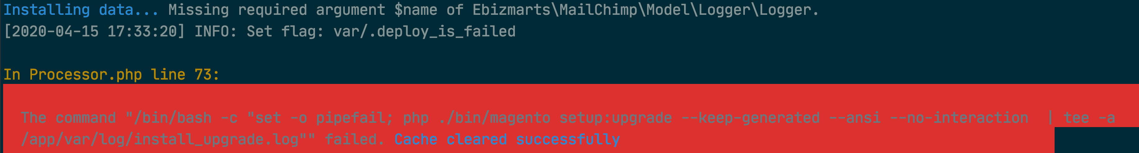 BadMethodCallException on first run of bin/magento setup:install: 'Missing required argument ...