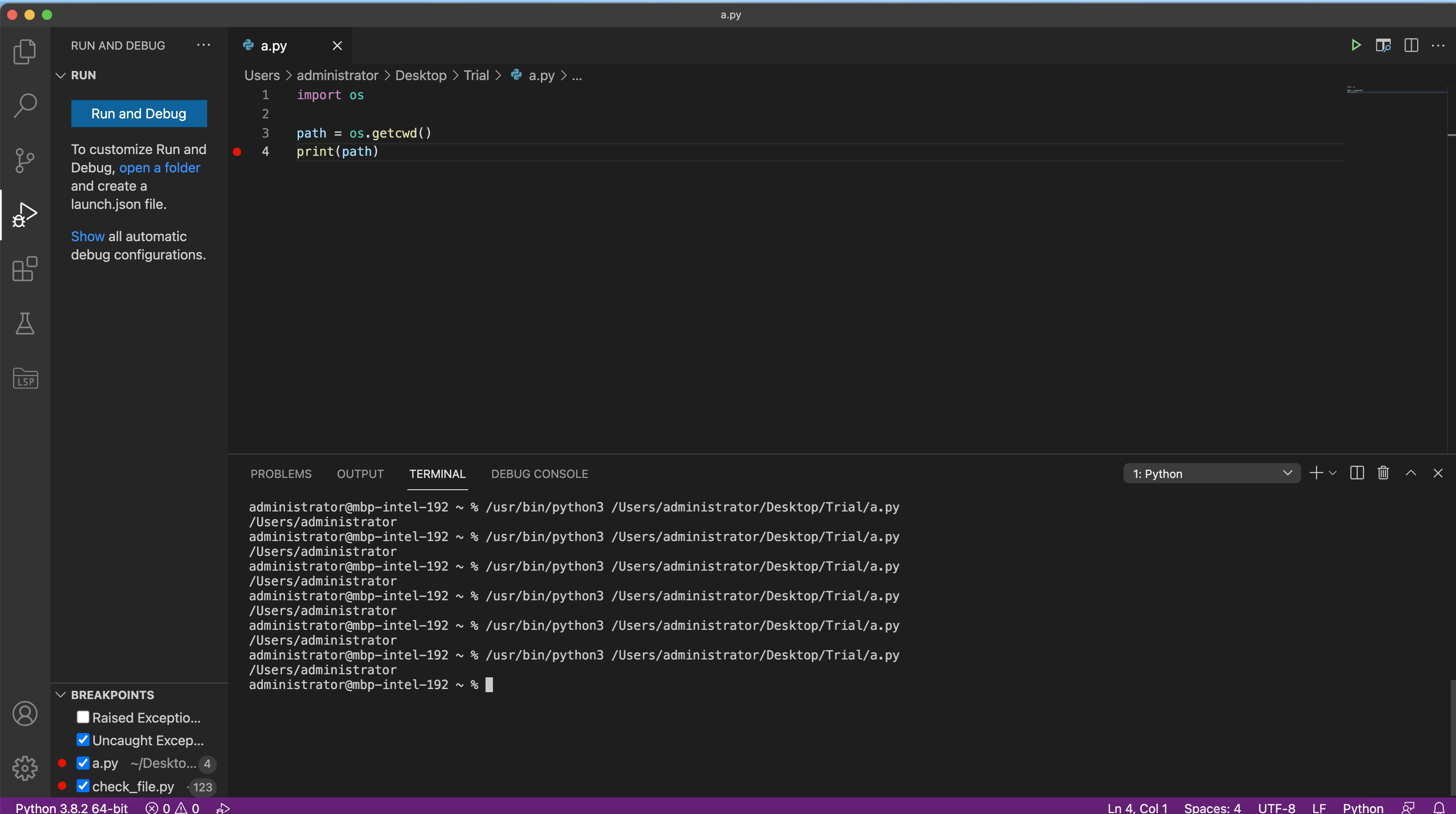 os.getcwd() returns different results when running without debugging and with green button on ...