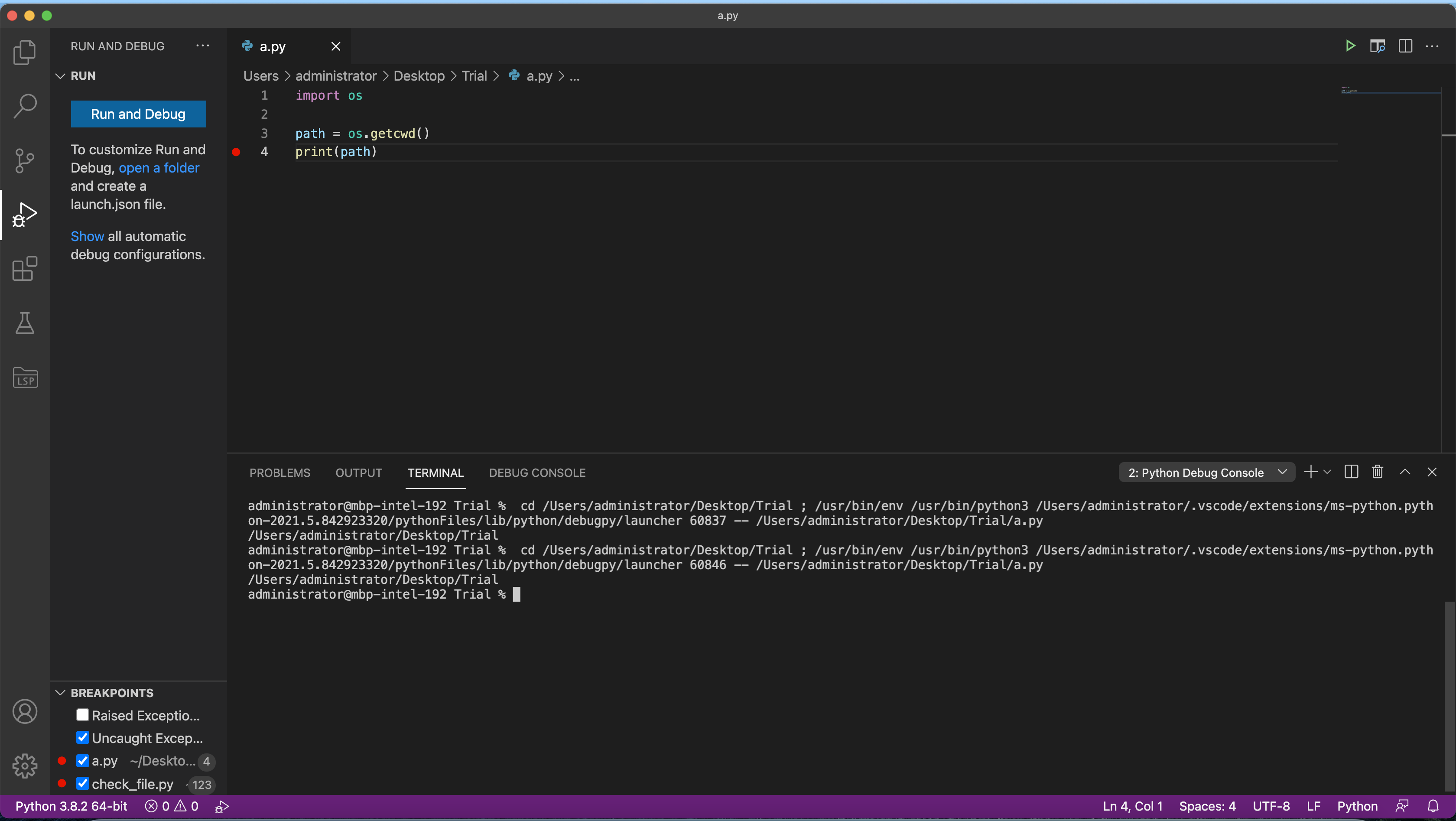 os.getcwd() returns different results when running without debugging and with green button on ...