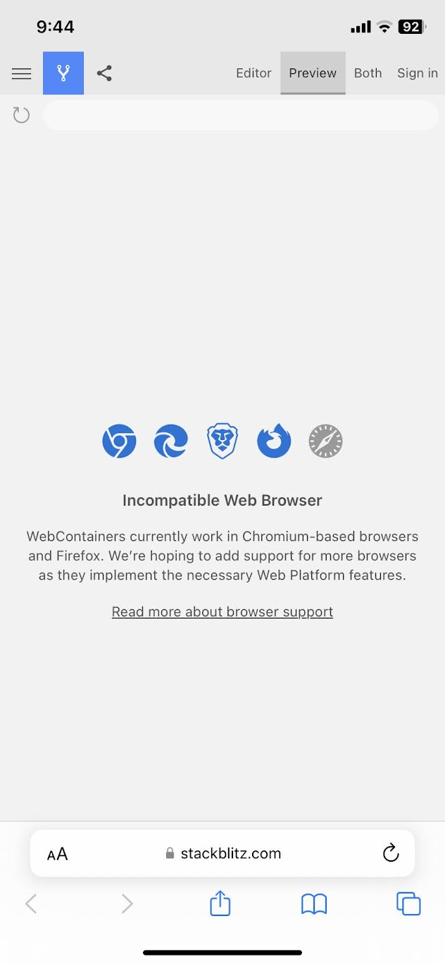 WebContainers should run in Safari 16.4 Beta · Issue #2347 · stackblitz/core · GitHub