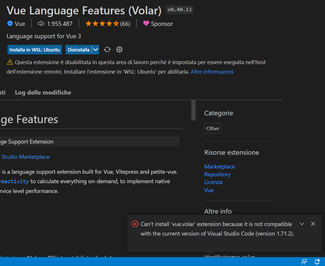 Can't install 'vue.volar' extension because it is not compatible with the current version of ...