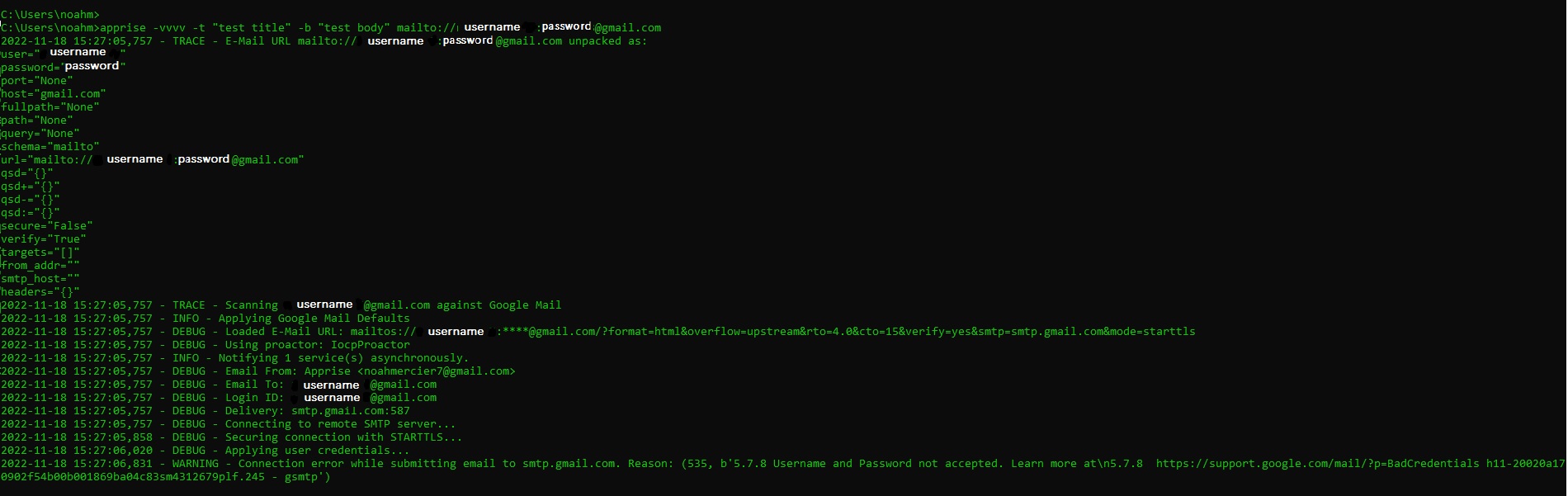 WARNING: Connection error while submitting email to smtp.gmail.com ...
